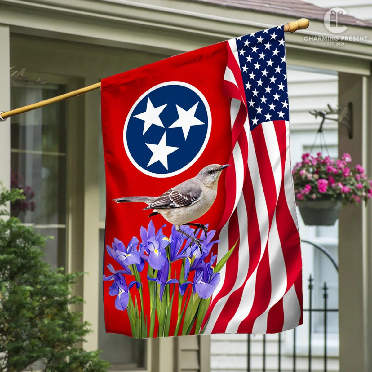 Tennessee State Flag Mockingbird With Iris Flower - American Tennessee ...